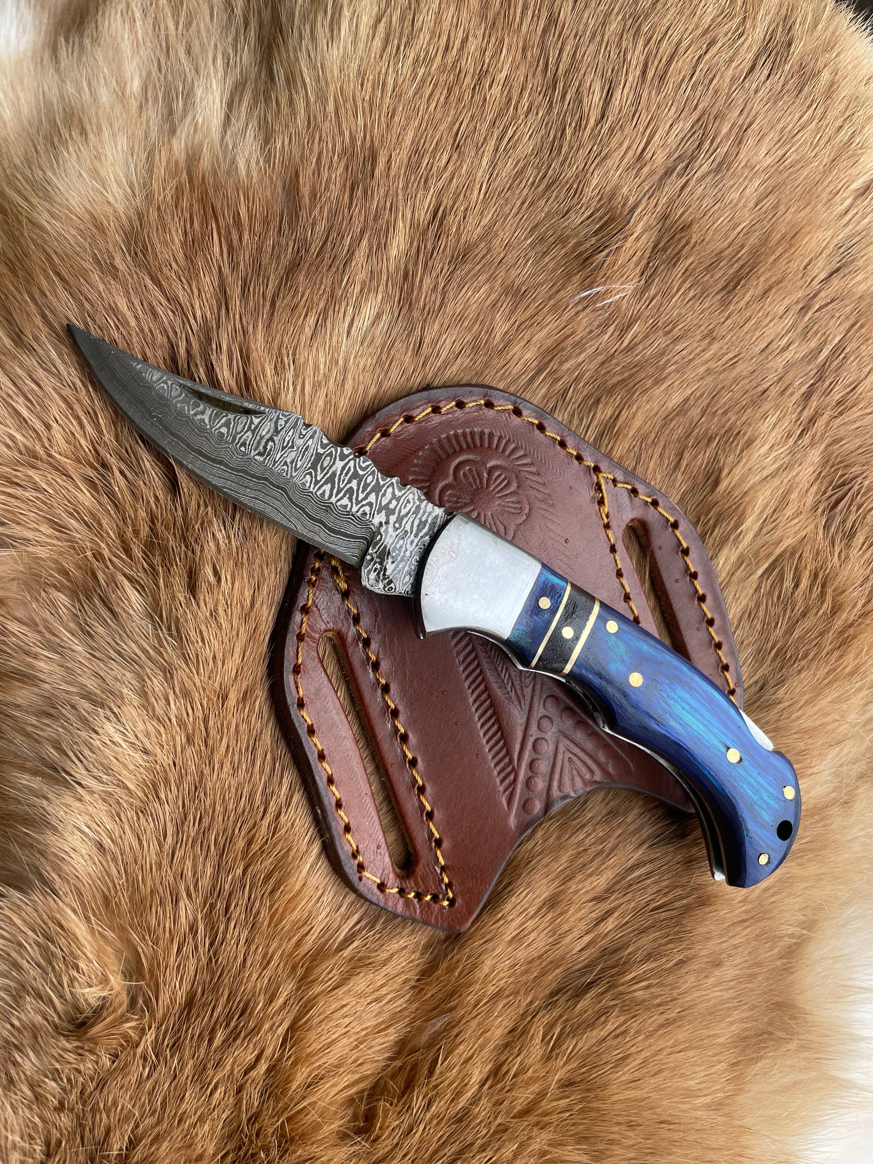 POCKET KNIFE BLUE DIAMOND WOOD 6.5'' DAMASCUS STEEL KNIFE ST ...